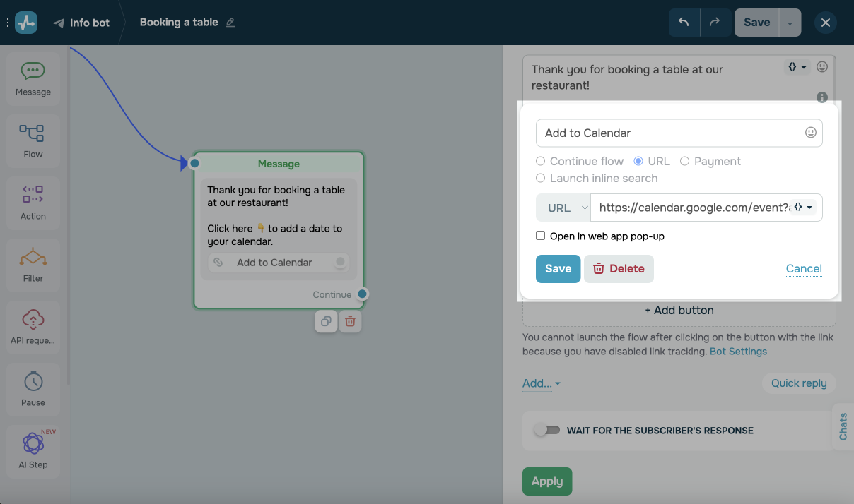 Cómo agregar un enlace a un evento de calendario en un chatbot | SendPulse