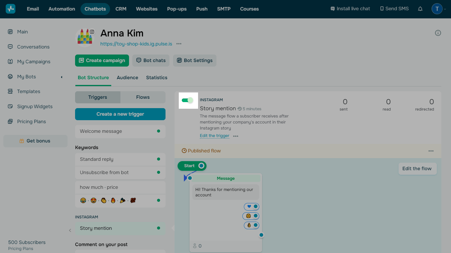 How to set up Instagram chatbot flow triggers | SendPulse
