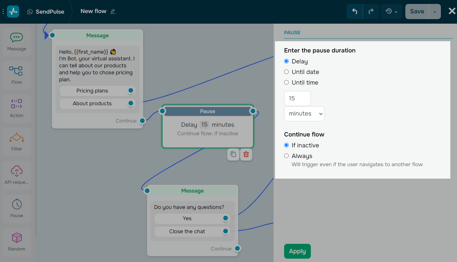 How to create an automated flow for a WhatsApp chatbot | SendPulse