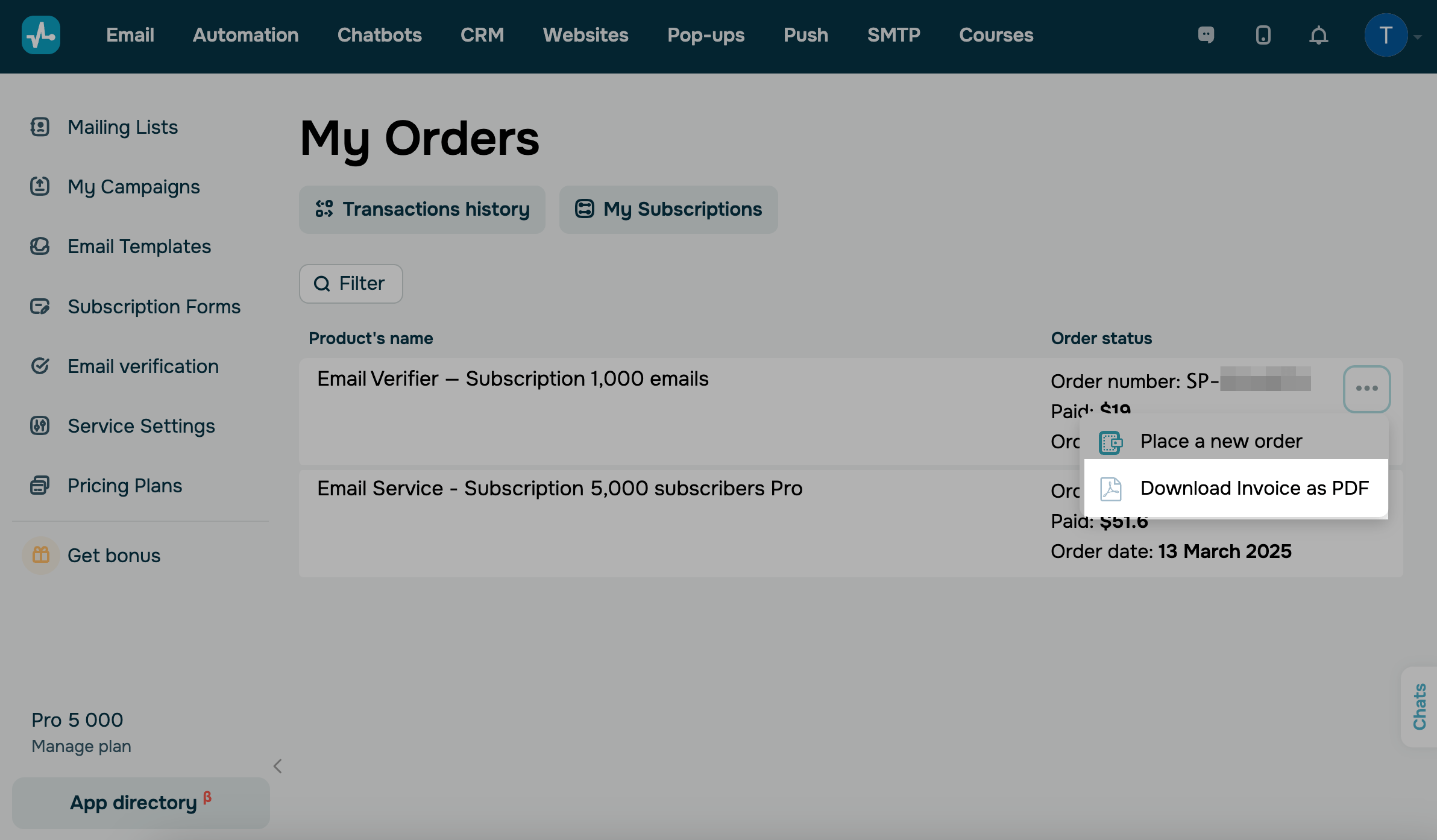 Como obter uma fatura | SendPulse